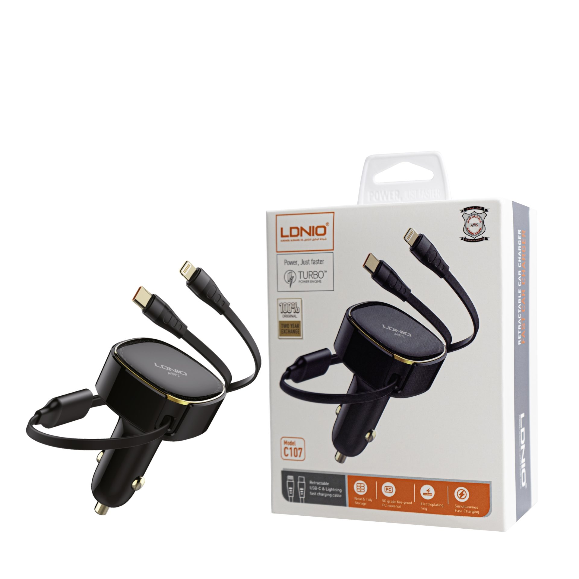 لدنيو شاحن سيارة LDNIO C107 مع كابلات مدمجة (Lightning & Type-C)