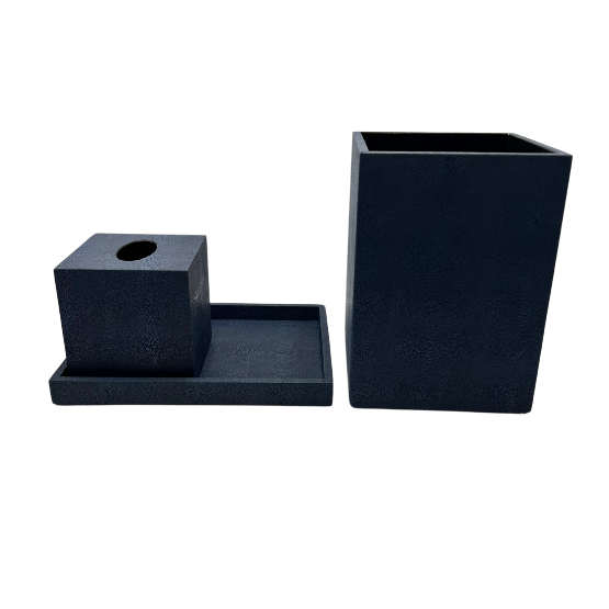 HOCO Dark Blue Leather Waste Basket & Tissue Box Set w/ Tray